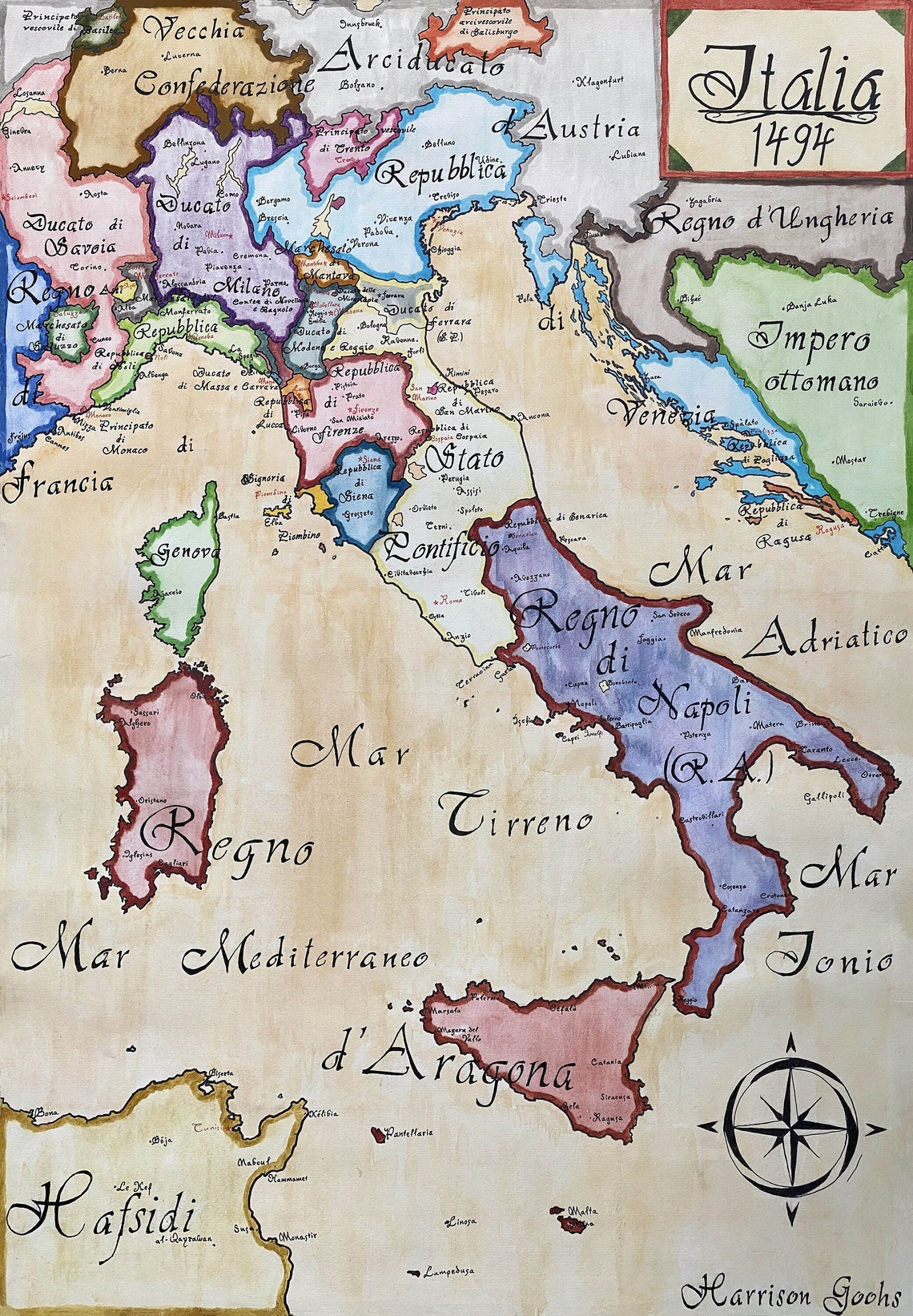 Italy 1494 Map – Renaissance Italian States Print | Pre-italian Wars ...