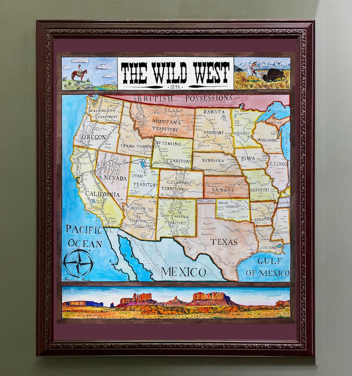 Wild West Map; Historical Western States; American Frontier 1874 - Etsy