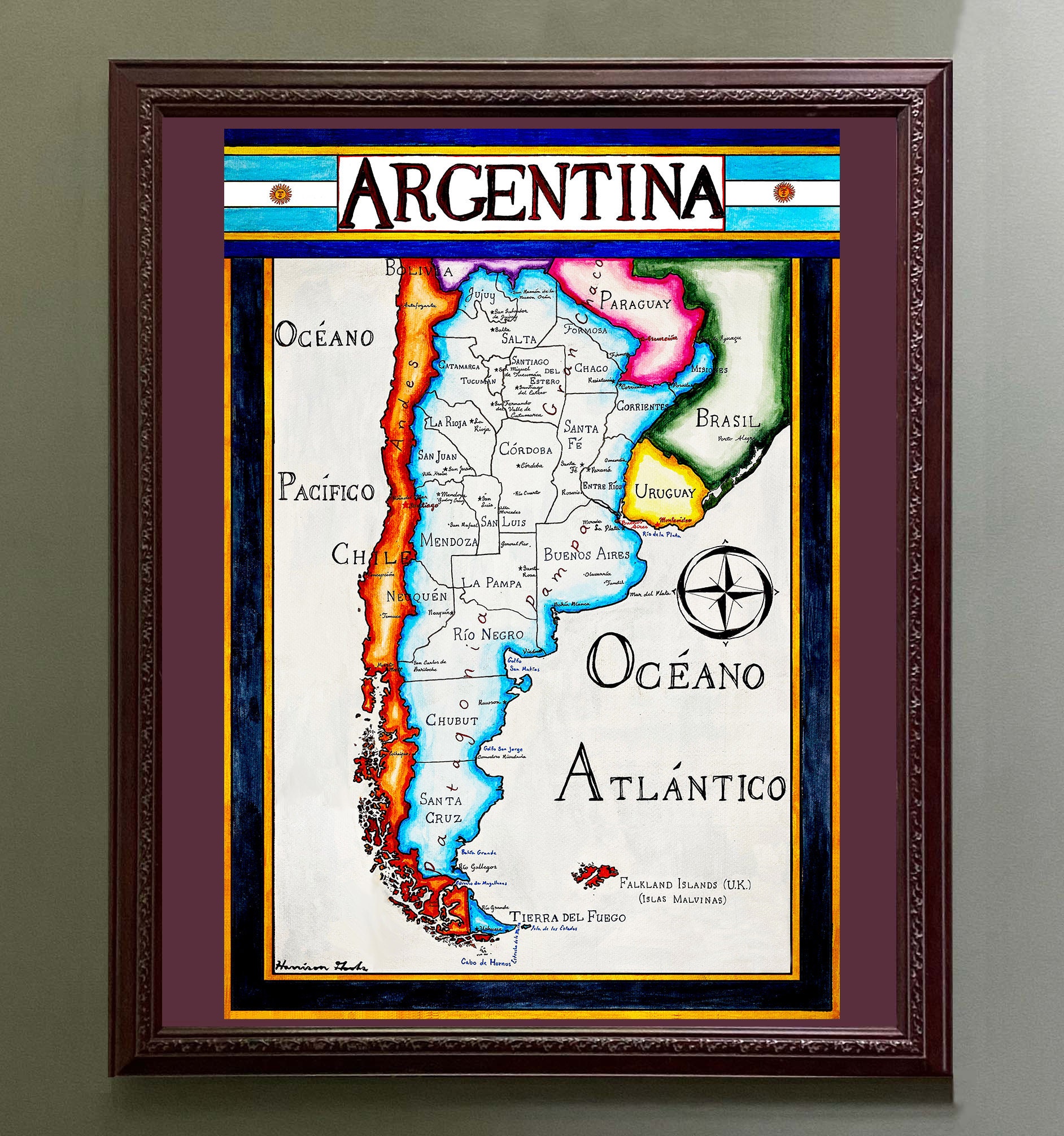 Argentina Wall Map Print – Hand-painted Southern Cone, Patagonia Art ...