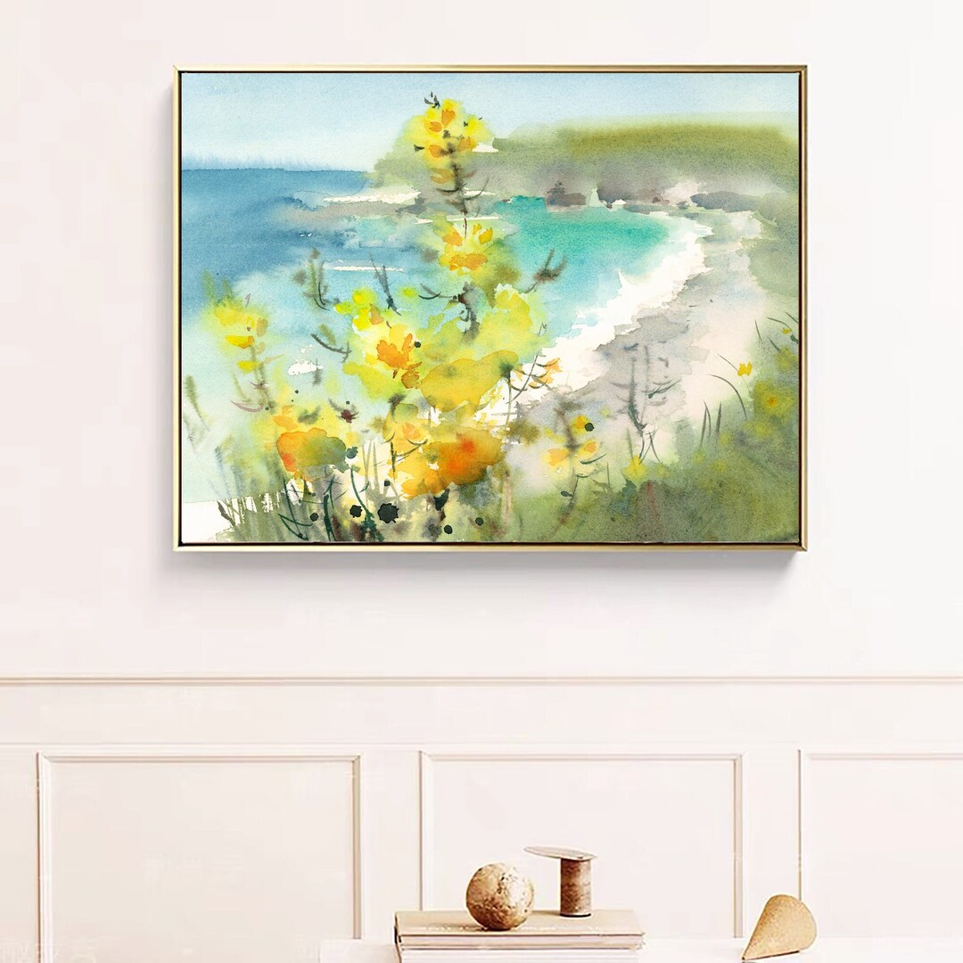 Coast Seascape Scenic Ocean Shore With Yellow Flowers Watercolor ...