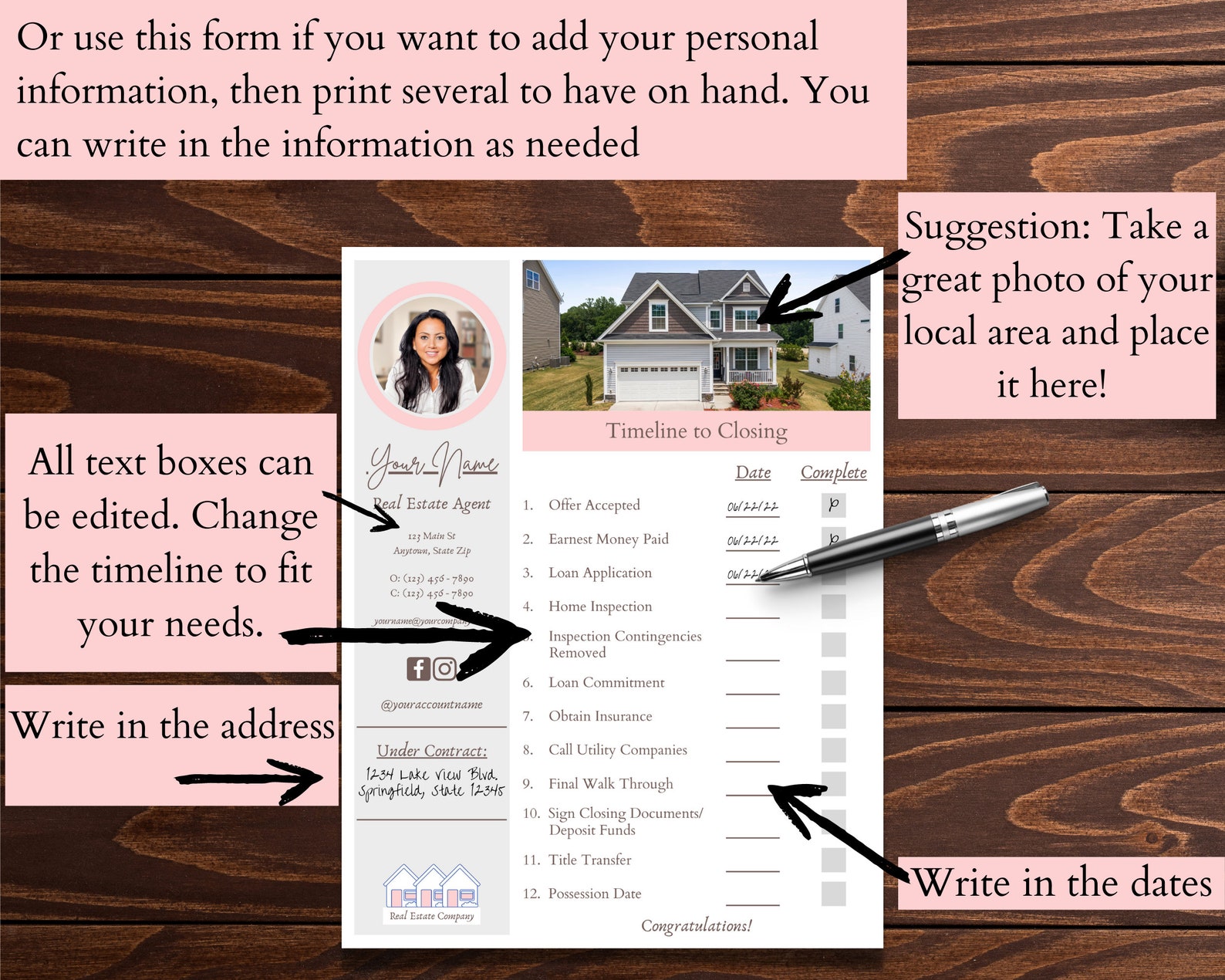 Real Estate Closing Timeline, Contact Information Sheet, Marketing for ...