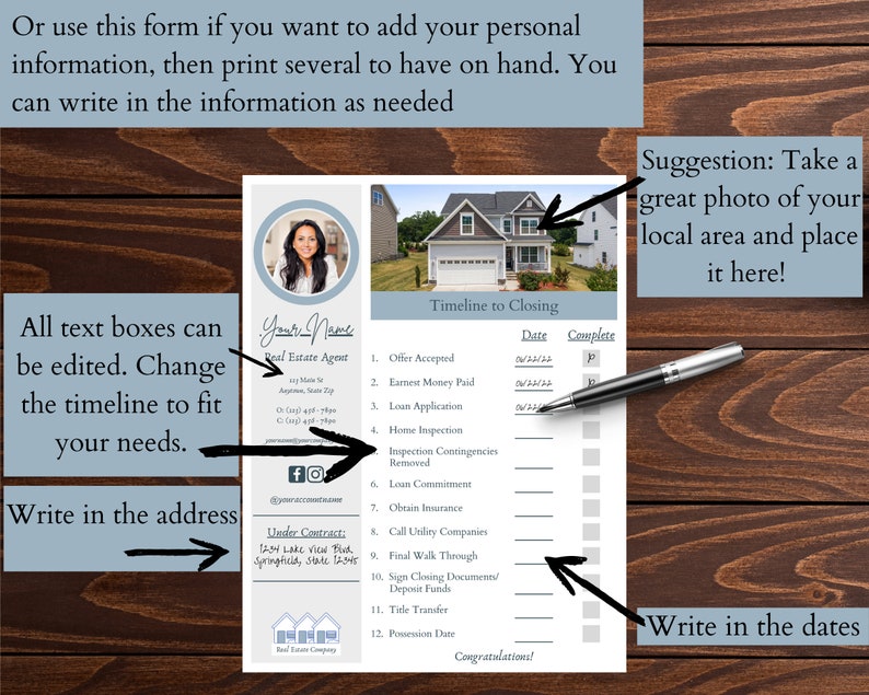 Real Estate Closing Timeline, Contact Information Sheet, Marketing for ...