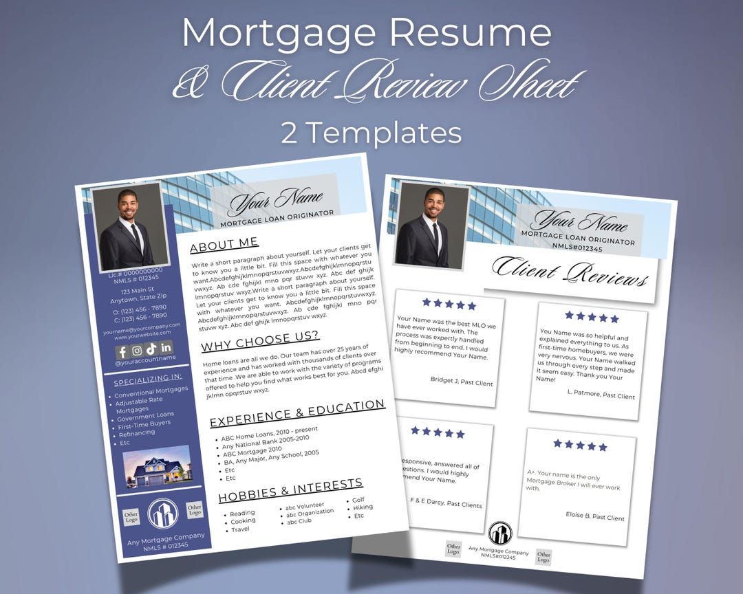 Mortgage Resume and Client Review Canva Templates, MLO About Me, Lender ...