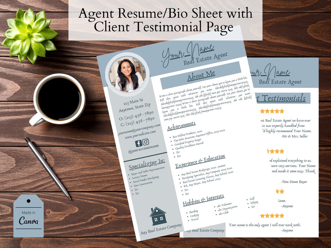 Real Estate Resume, Client Testimonial, Realtor Bio, Downloadable ...