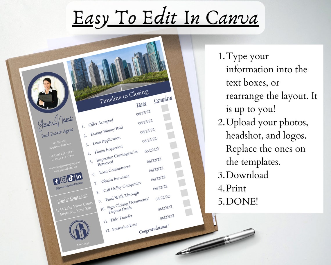 Real Estate Closing Timeline, Contact Information Sheet, Marketing for ...