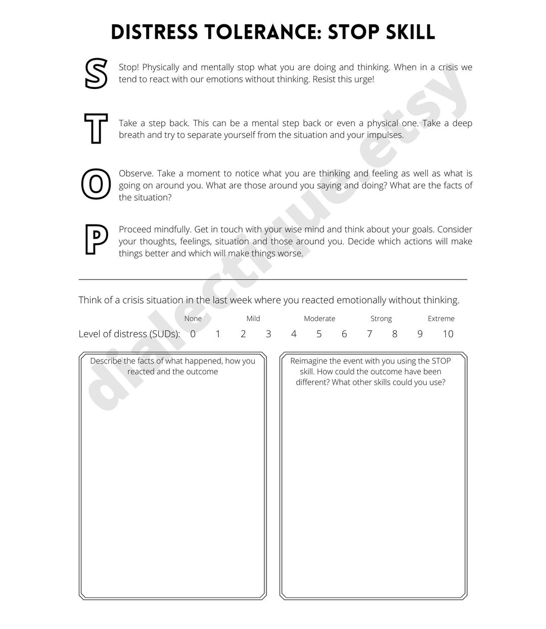 Distress Tolerance: Stop Skill Handout and Worksheet - Etsy