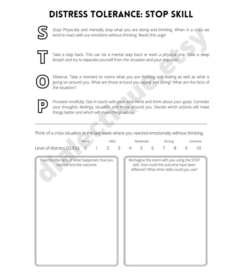 Distress Tolerance: Stop Skill Handout and Worksheet - Etsy