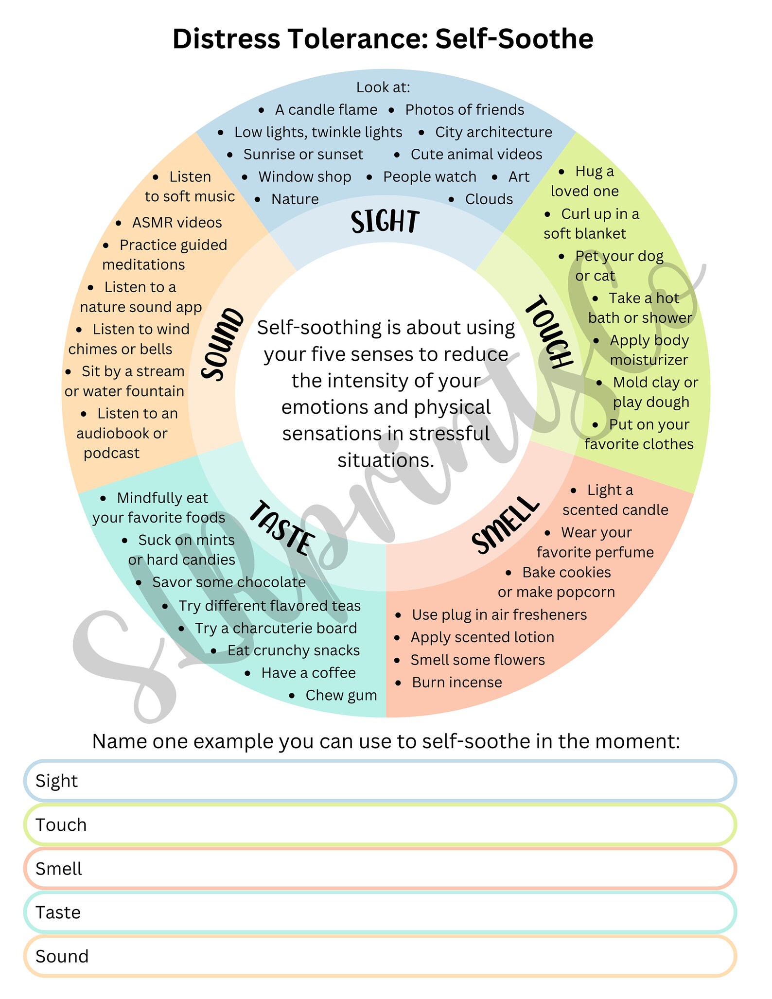 DBT Self-soothe Therapy Worksheet - Distress Tolerance Skill Handout - Etsy