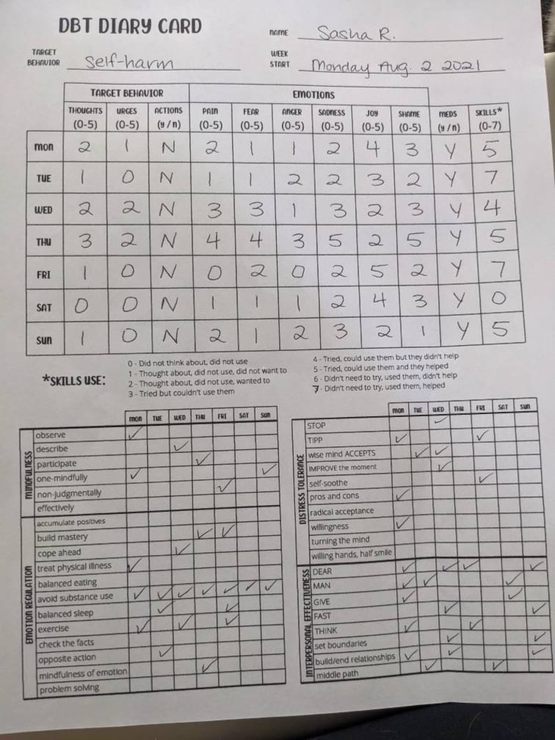 DBT Diary Card, Skills Tracking, Therapy Worksheet - Etsy