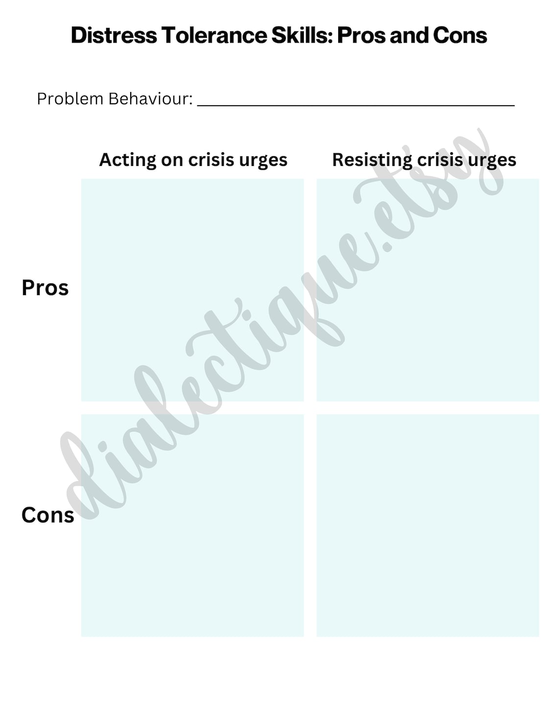 DBT Skills Pros and Cons Distress Tolerance Handout and Worksheet - Etsy