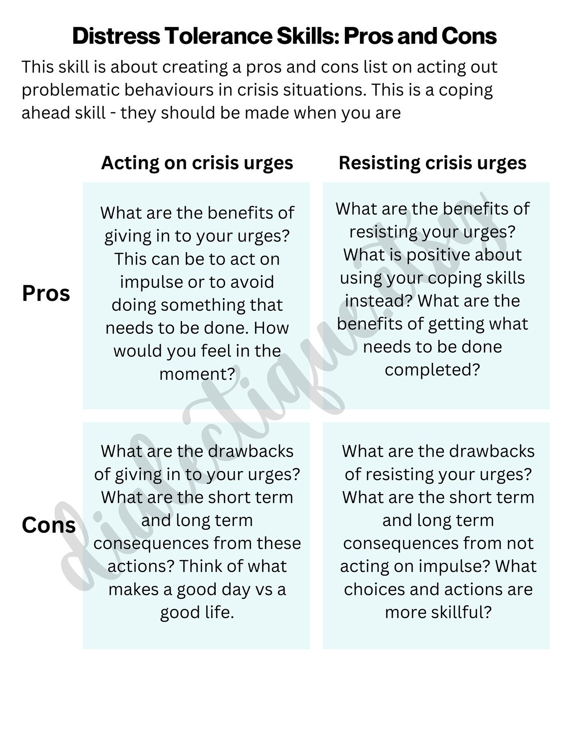 DBT Skills - Pros and Cons - Distress Tolerance Handout and Worksheet ...