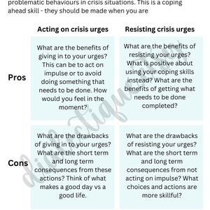 DBT Skills - Pros and Cons - Distress Tolerance Handout and Worksheet ...