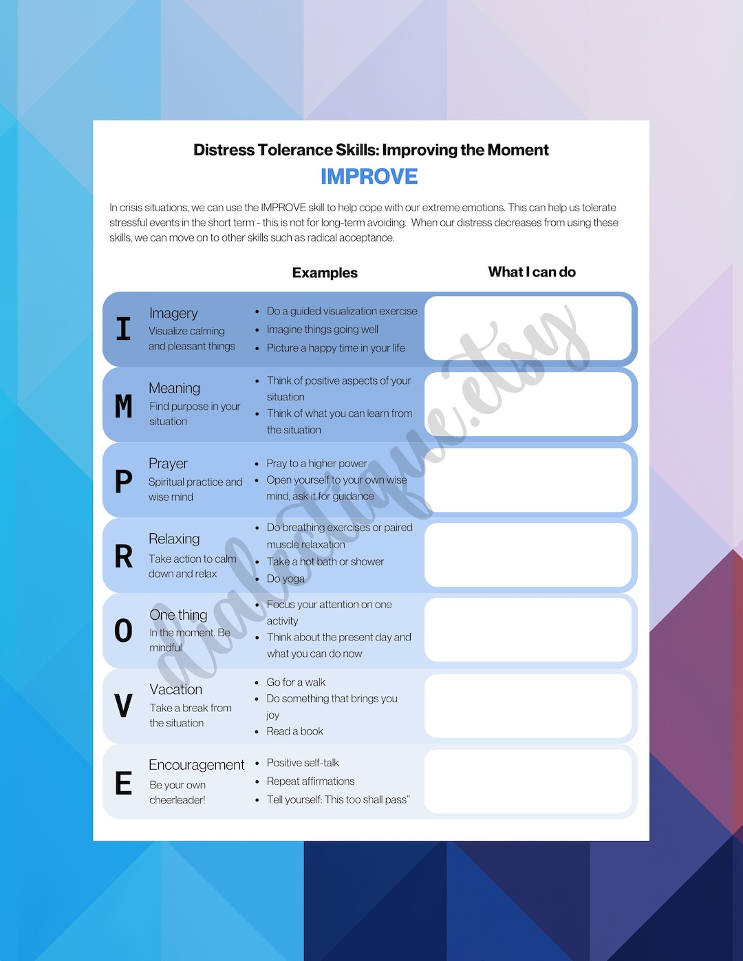 DBT Skill Improve the Moment - Distress Tolerance Handout - Dialectical ...