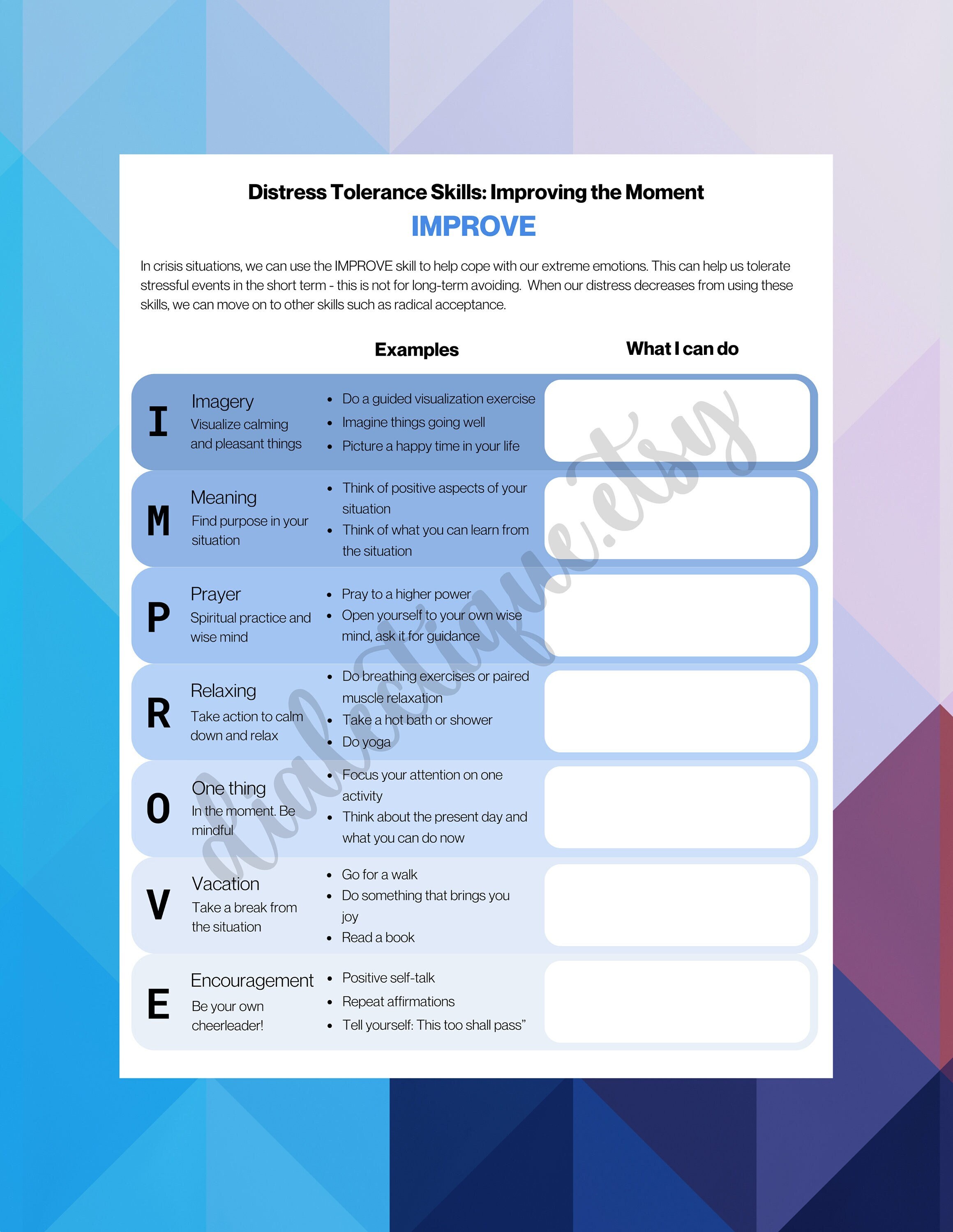 DBT Skill Improve the Moment - Distress Tolerance Handout - Dialectical ...