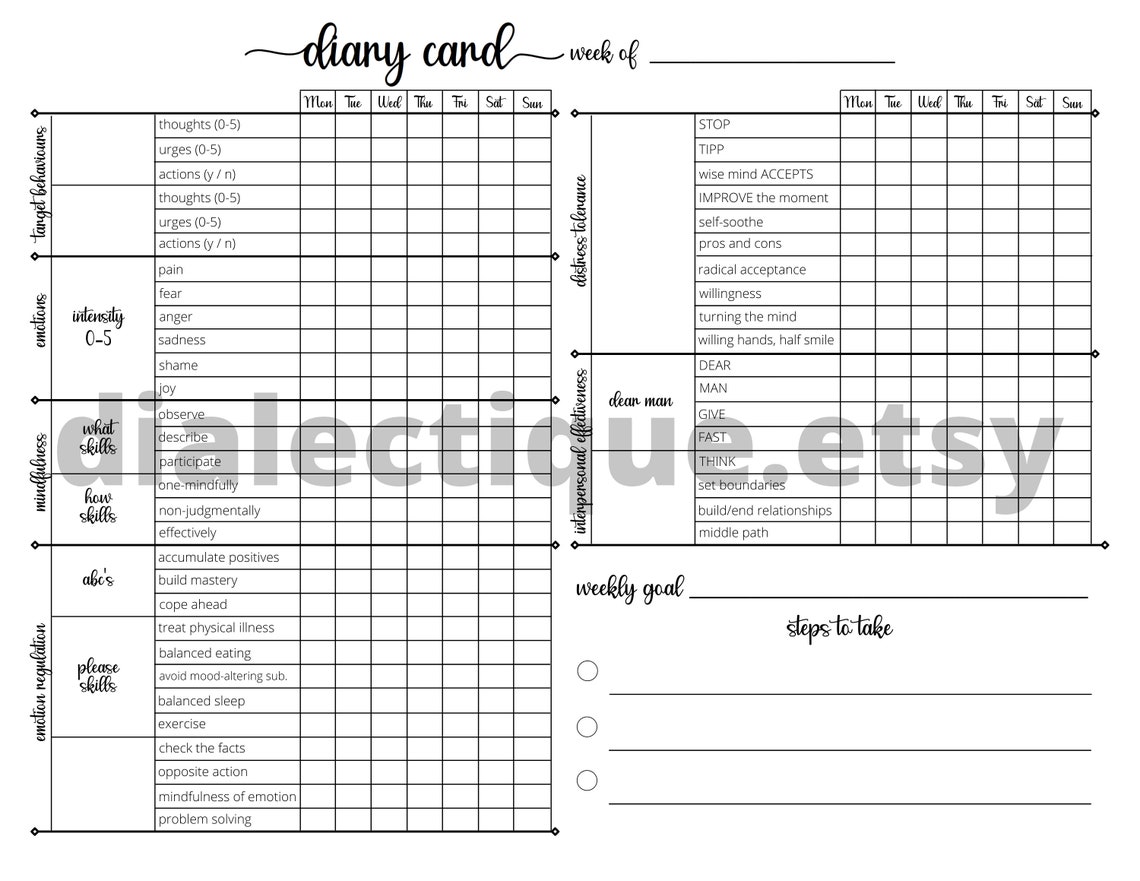 DBT Diary Card, Weekly Skills Homework, Goal Planning, Target Behaviors ...