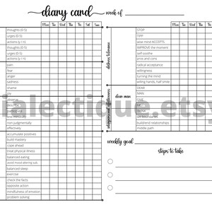 DBT Diary Card, Weekly Skills Homework, Goal Planning, Target Behaviors ...