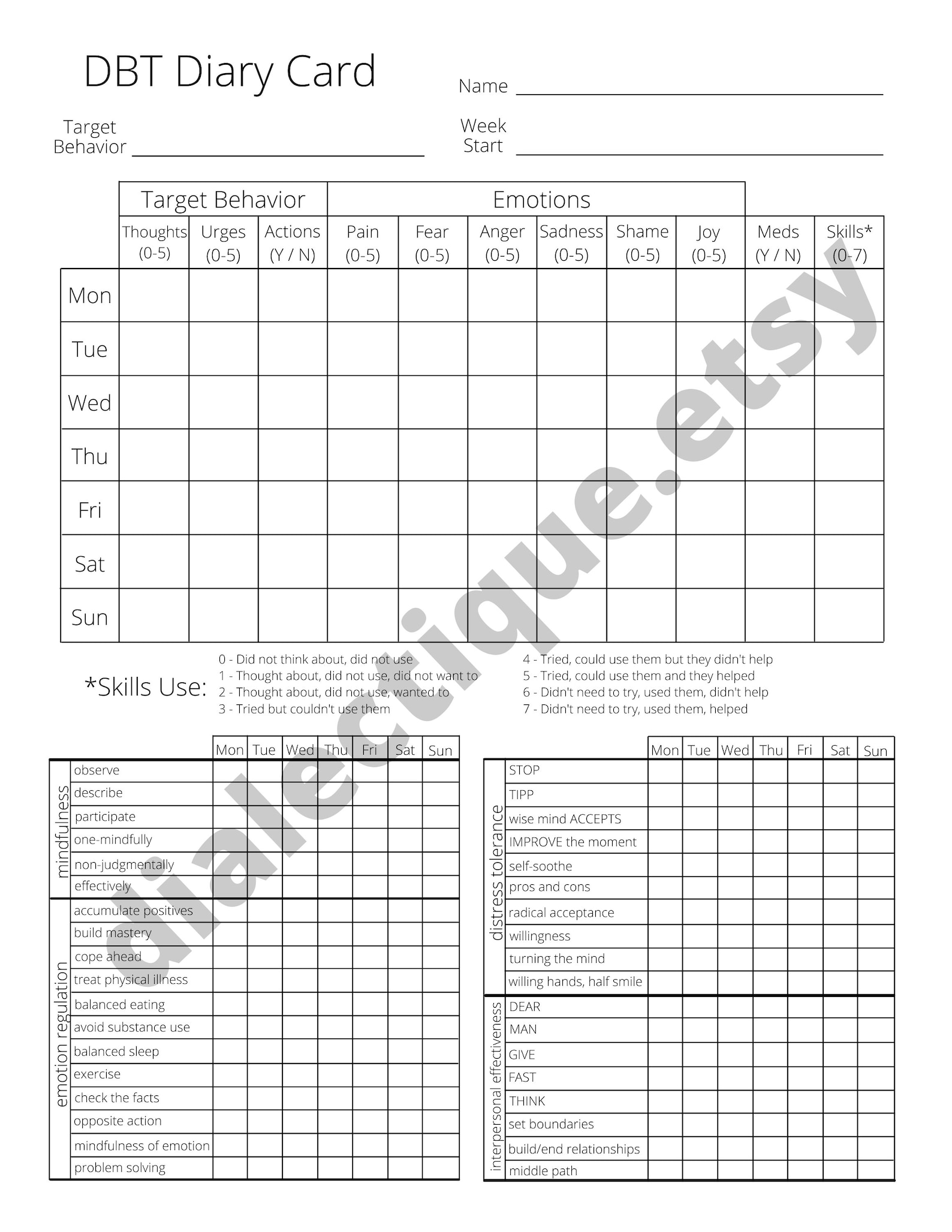 DBT Diary Card, Skills Tracking, Therapy Worksheet - Etsy