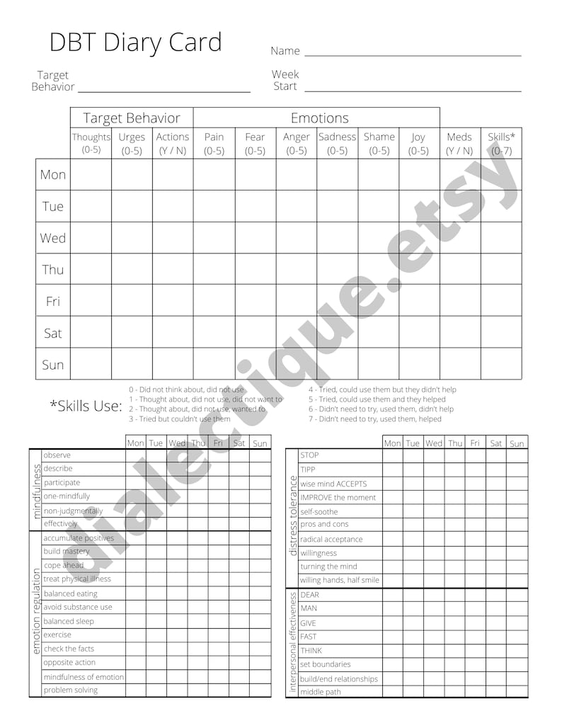 DBT Diary Card, Skills Tracking, Therapy Worksheet - Etsy
