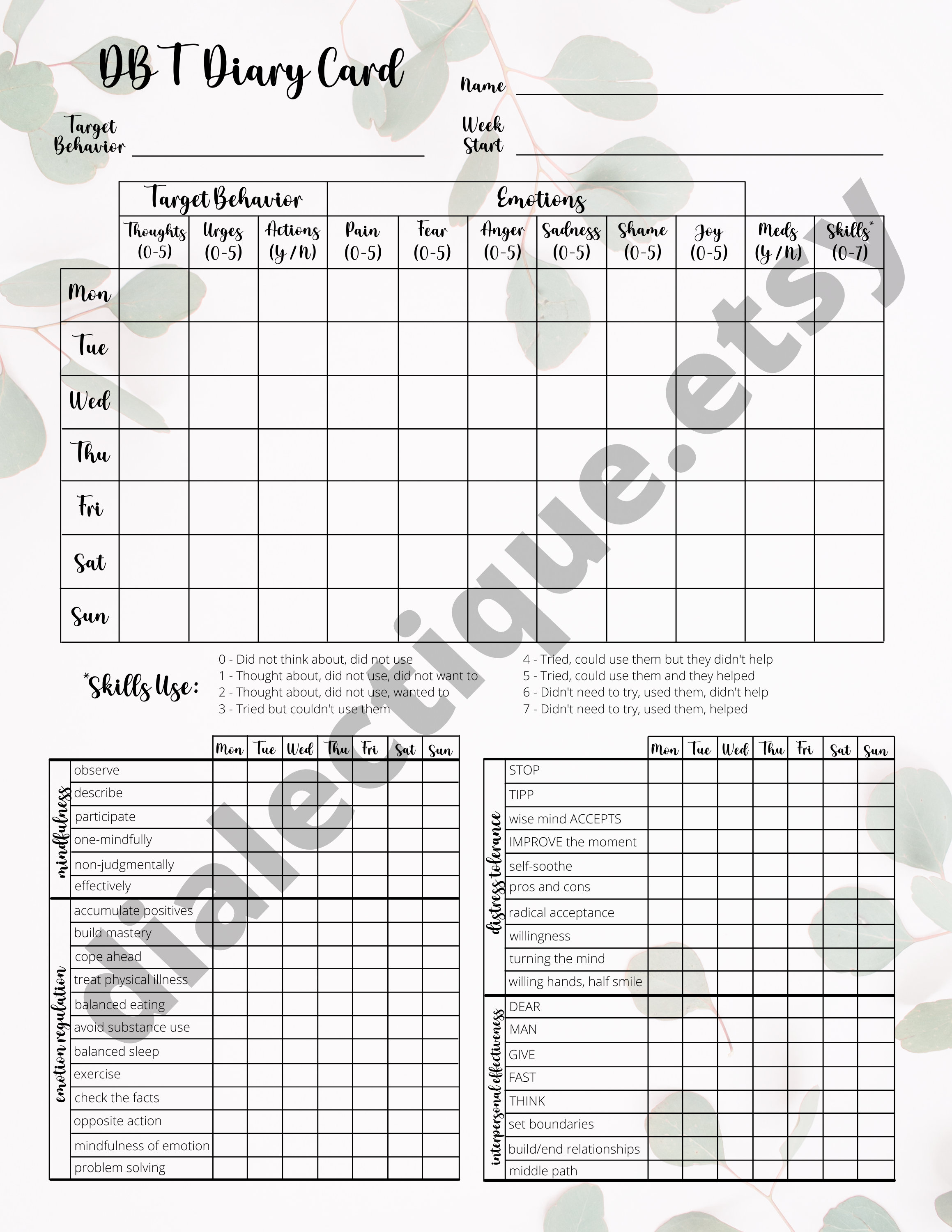 DBT Diary Card, Skills Tracking, Therapy Worksheet - Etsy