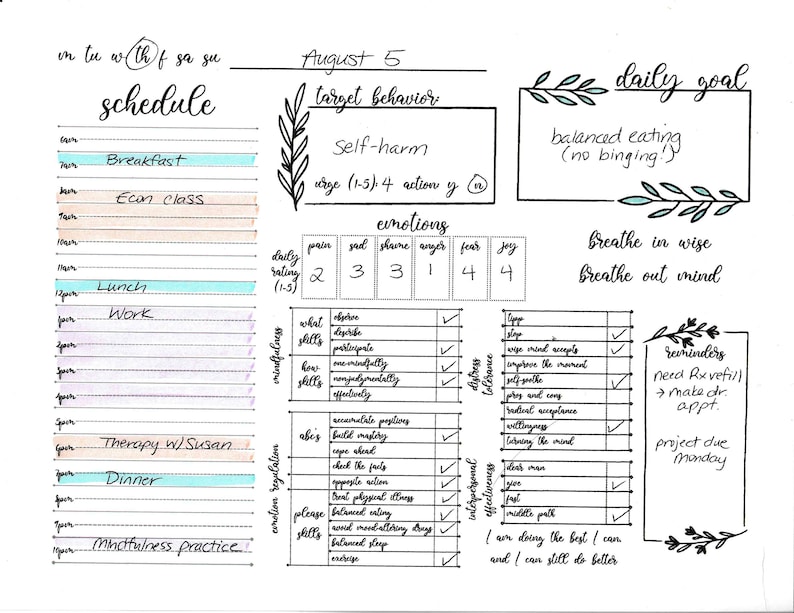 Daily Goal Planner With DBT Diary Card and Hourly Schedule - Etsy