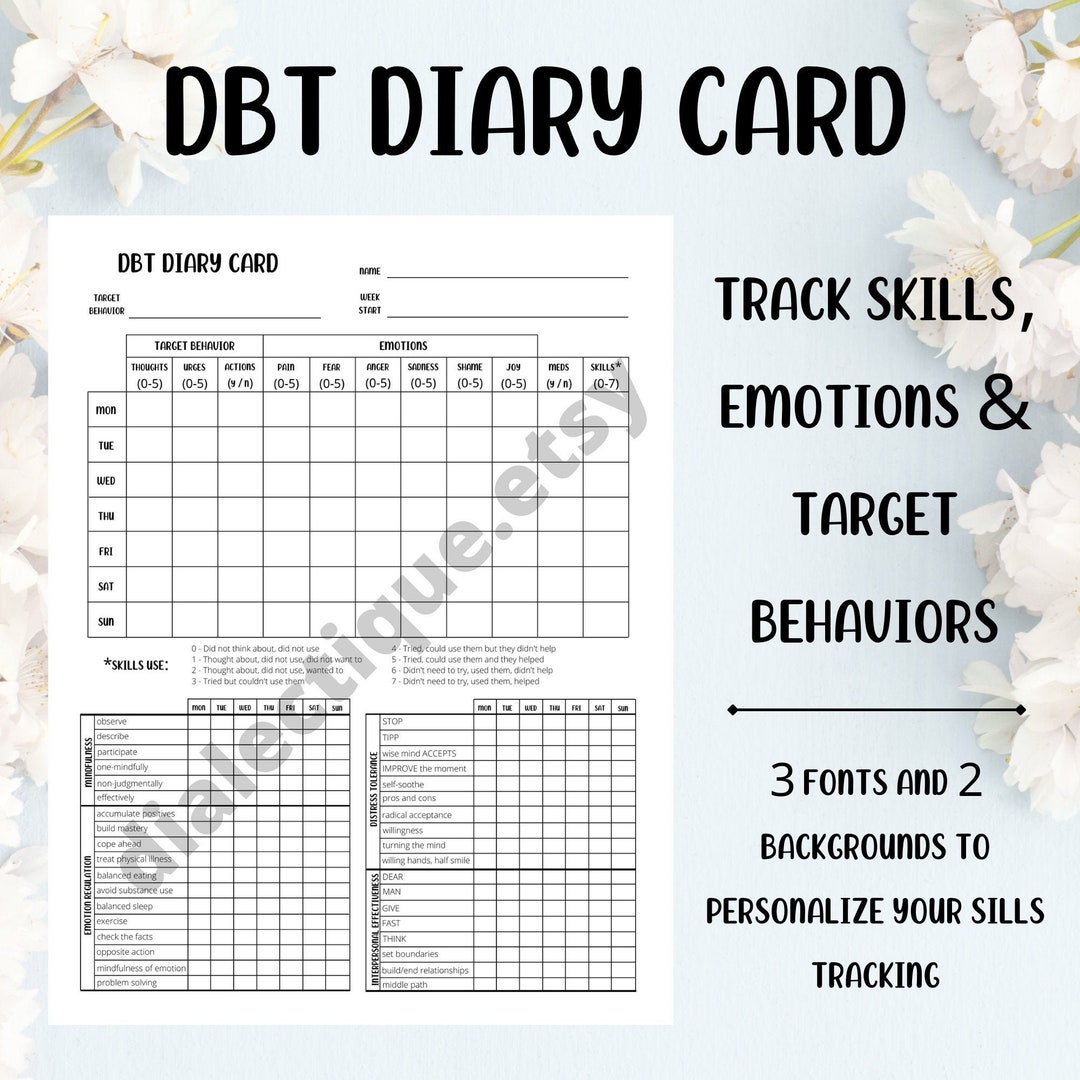 DBT Diary Card, Skills Tracking, Therapy Worksheet - Etsy