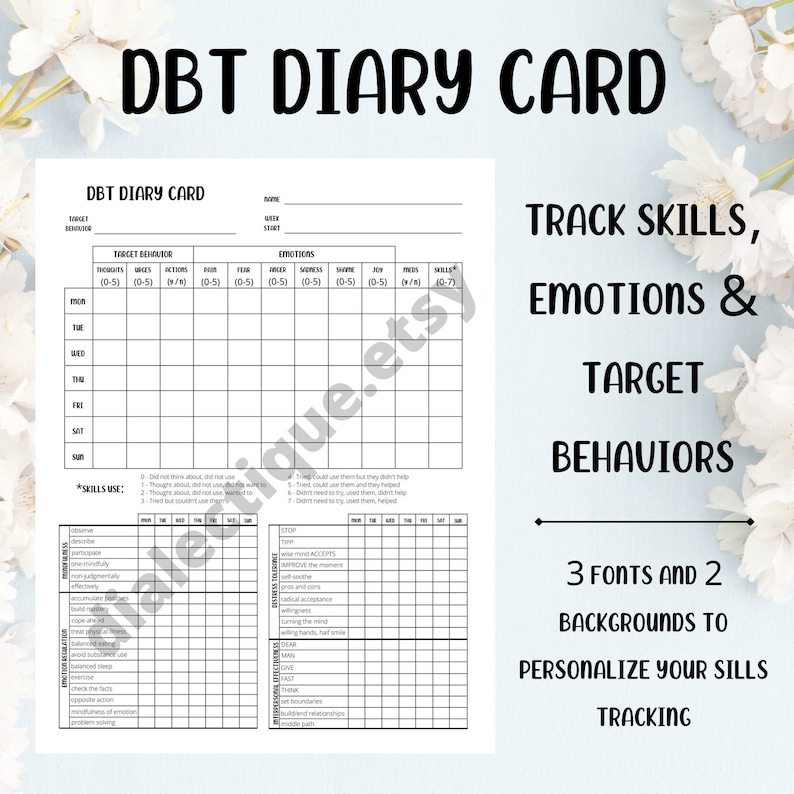 DBT Diary Card, Skills Tracking, Therapy Worksheet - Etsy