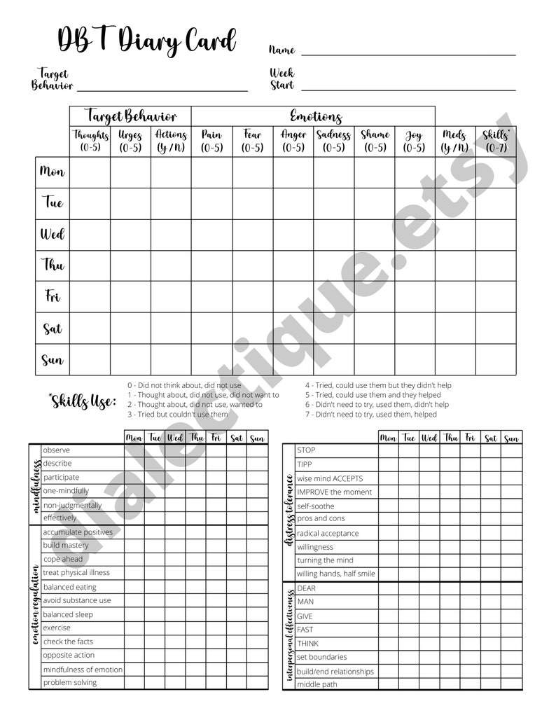 DBT Diary Card, Skills Tracking, Therapy Worksheet - Etsy
