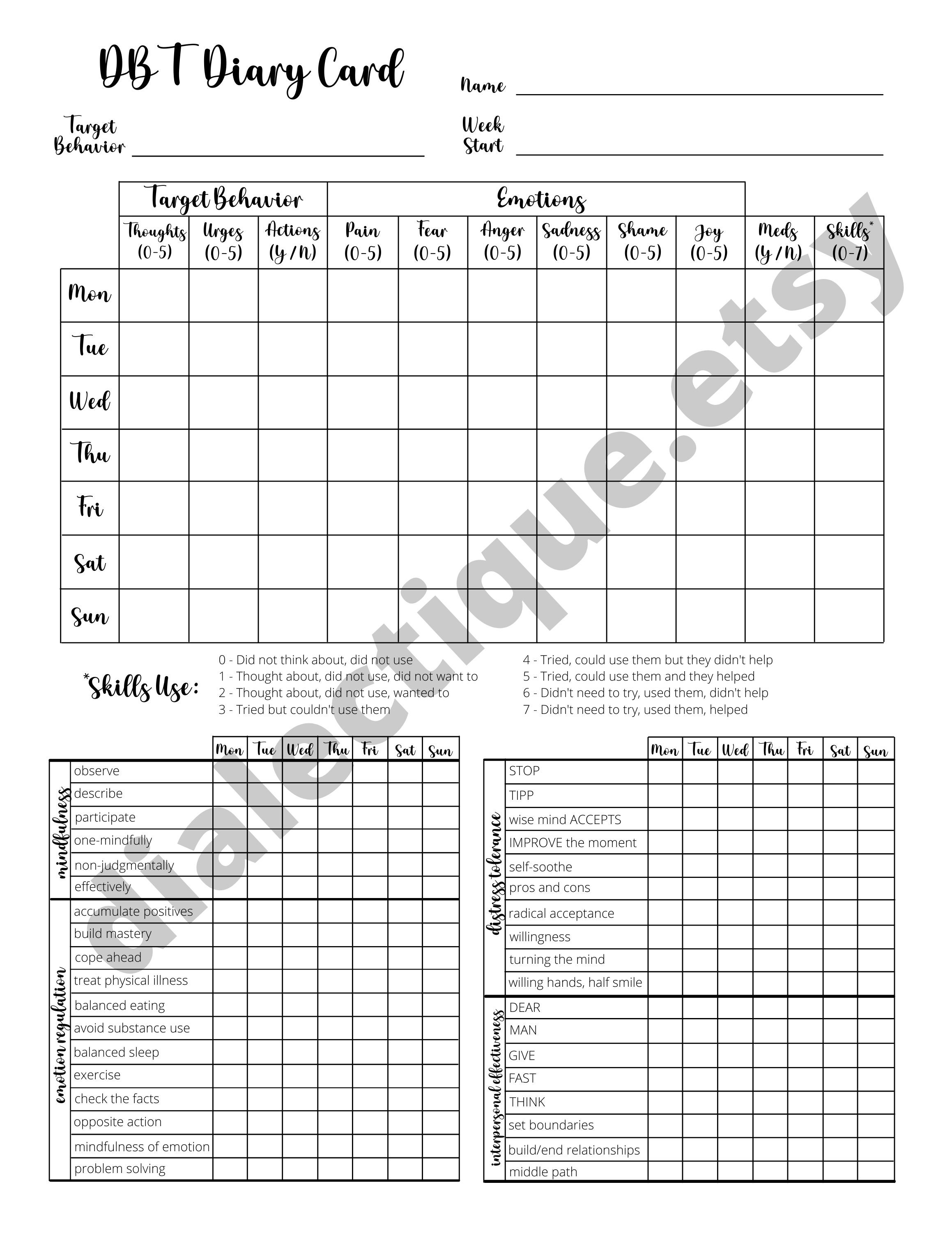 DBT Diary Card, Skills Tracking, Therapy Worksheet - Etsy