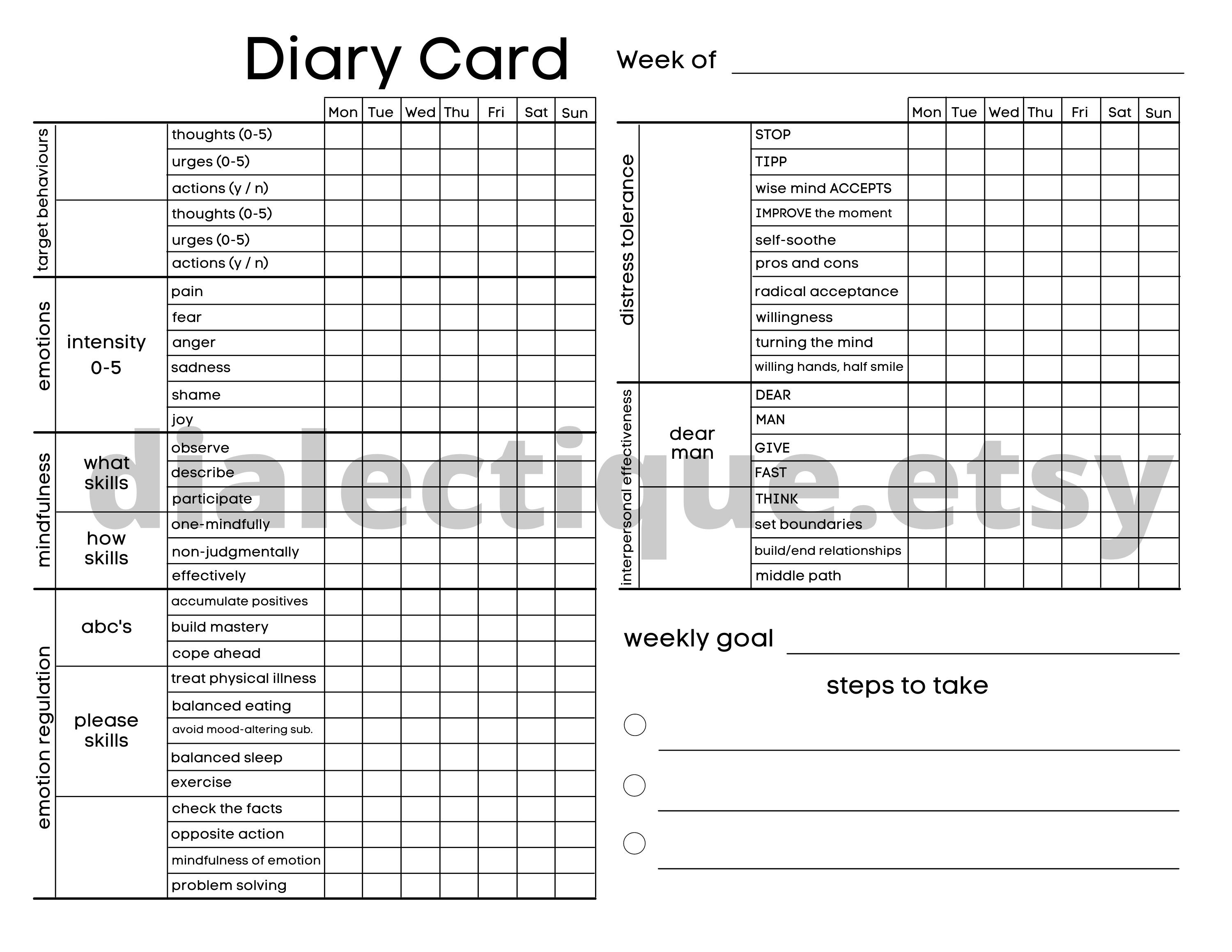 DBT Diary Card, Weekly Skills Homework, Goal Planning, Target Behaviors ...