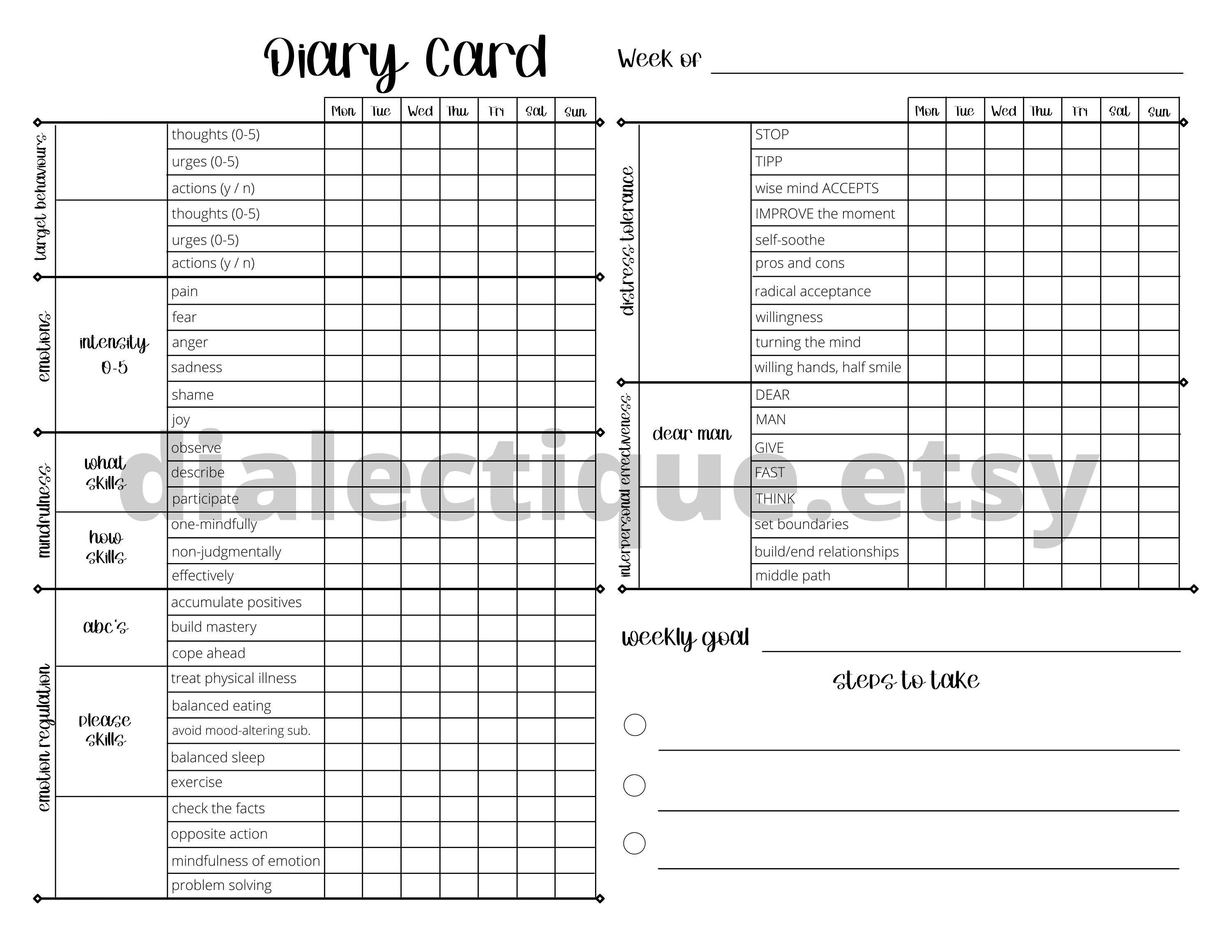 DBT Diary Card, Weekly Skills Homework, Goal Planning, Target Behaviors ...
