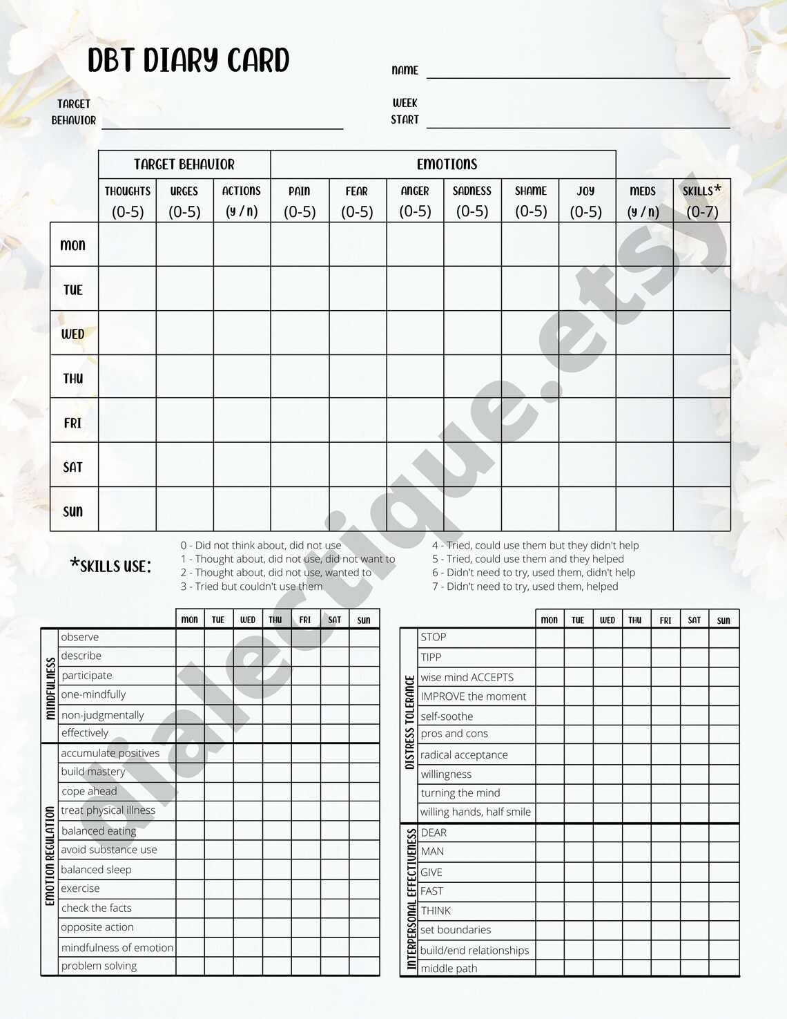DBT Diary Card, Skills Tracking, Therapy Worksheet - Etsy