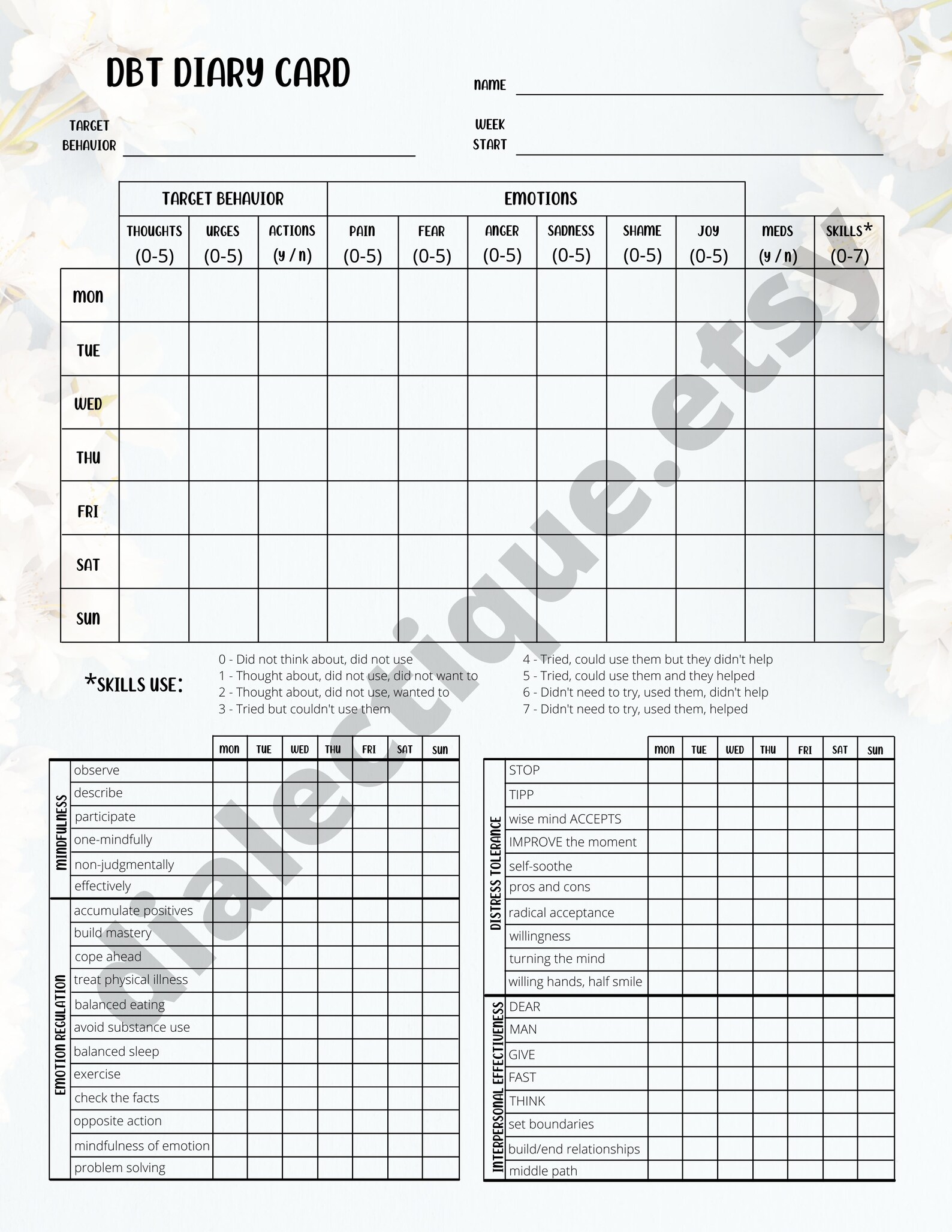 DBT Diary Card, Skills Tracking, Therapy Worksheet - Etsy