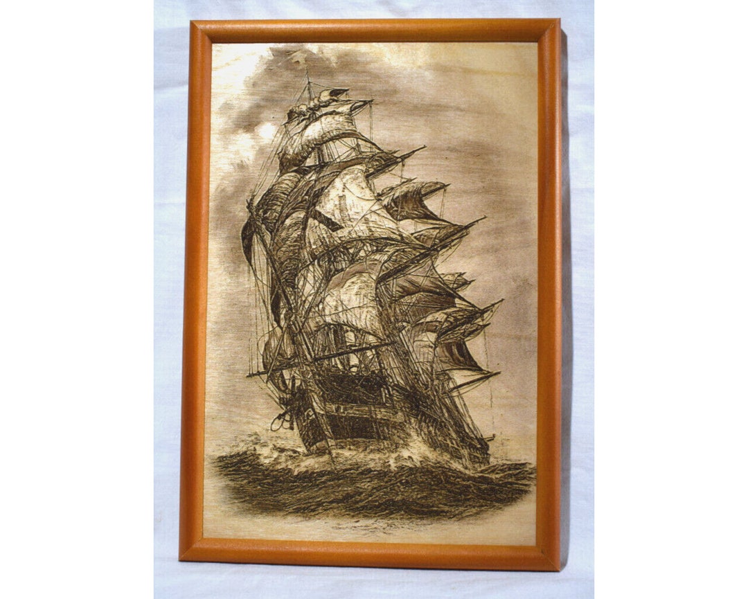 Mural Old Sailing Boat Pyrography on Wood in a Wooden Frame Ship ...