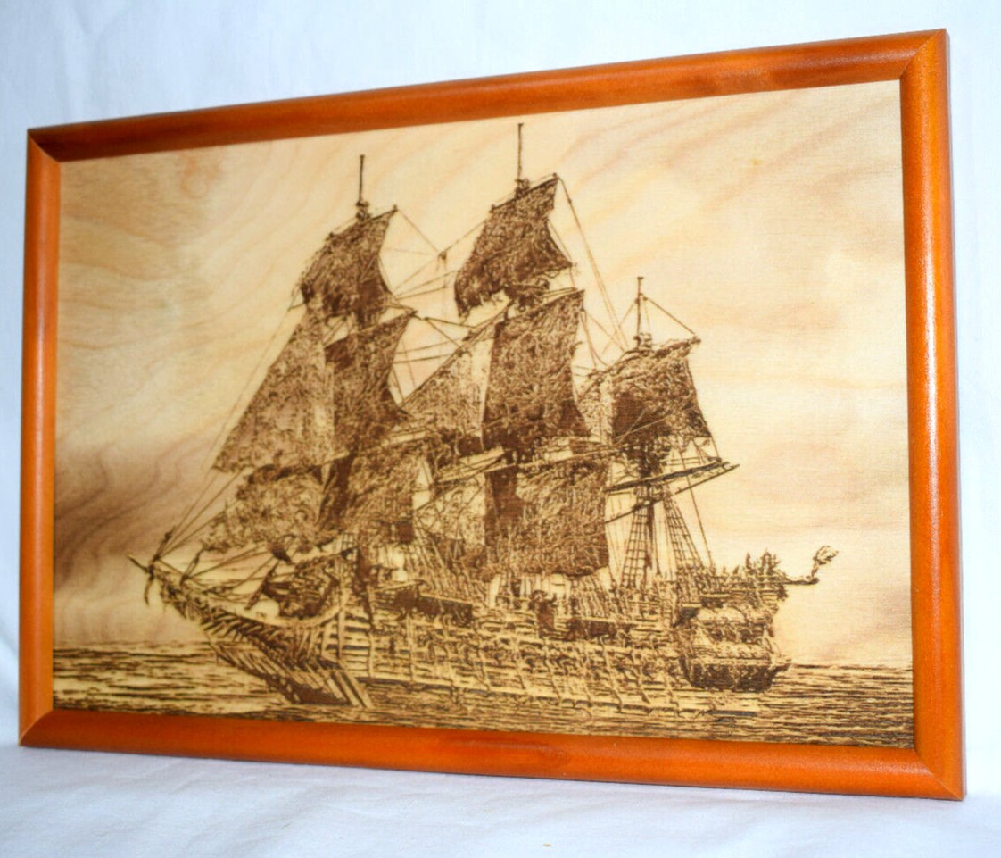Wall Picture Flying Dutchman Pyrography on Wood in a Wooden Frame Ship ...