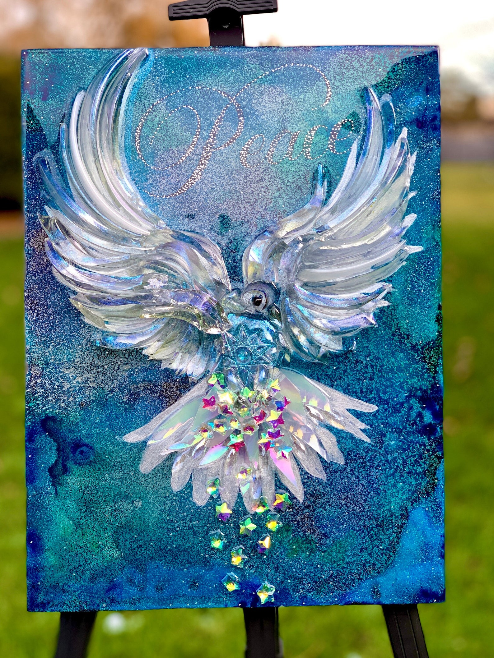 Peace Dove Holiday Art Glass Collage Resin Art Christmas Wall Art ...