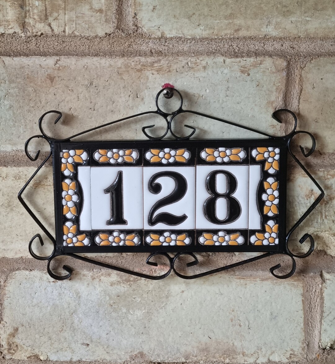 Hand-painted Ceramic Black Floral Number Tiles With Optional Metal ...