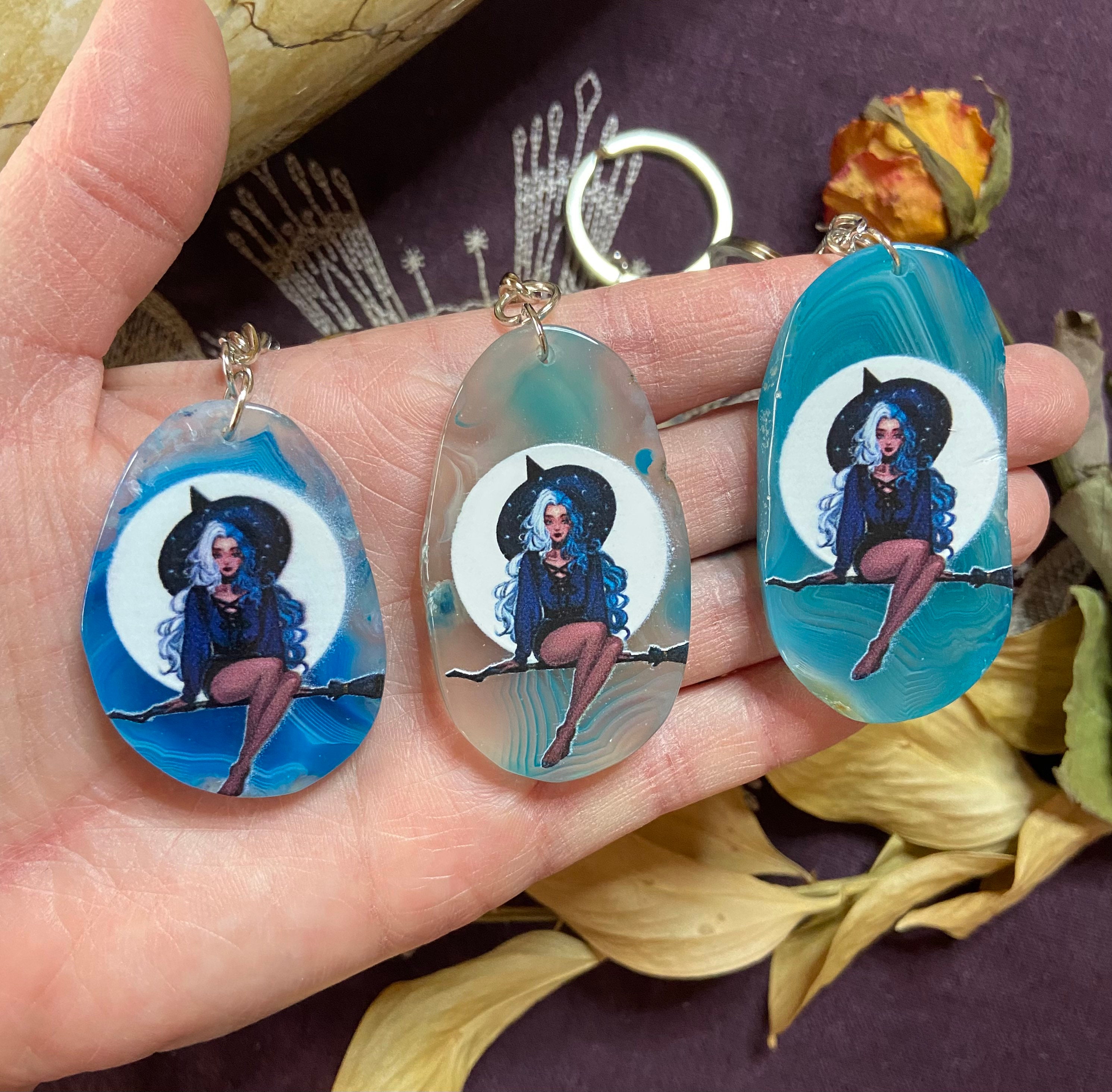 Witch on Broom Keychain Agate Slice Keychain Metaphysical - Etsy