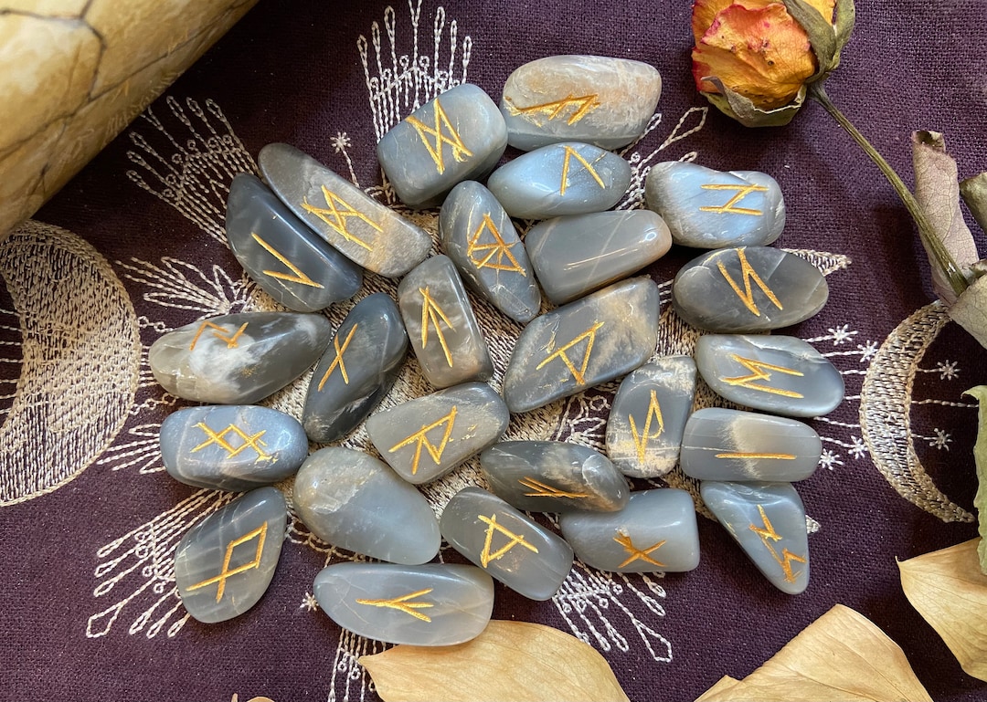 Black Moonstone Elder Futhark Rune Set, Hand Carved and Painted Crystal ...