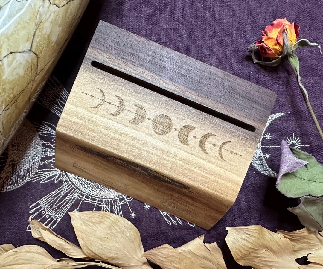Moon Phases Tarot Card Holder, Hand Burned Wooden Oracle Card Holder ...