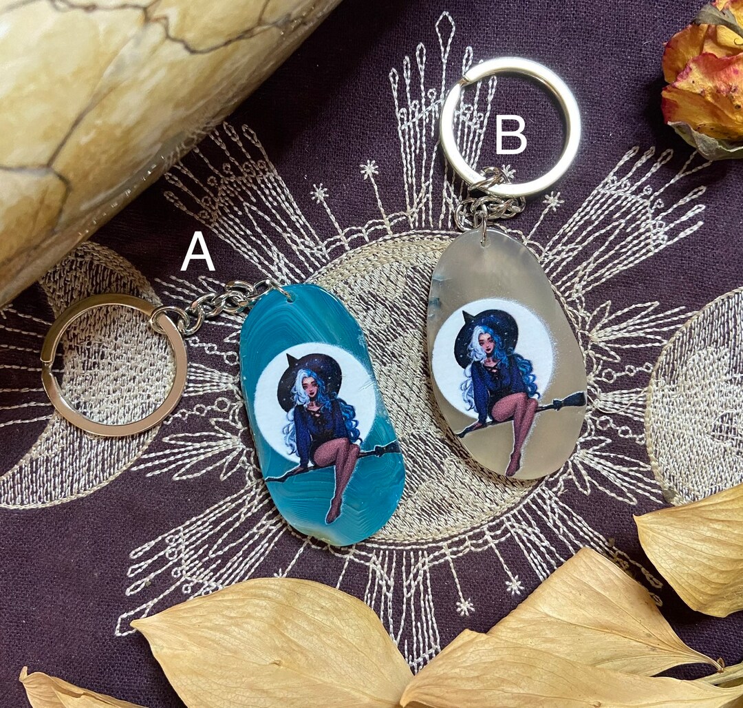 Witch on Broom Keychain, Agate Slice Keychain, Metaphysical - Etsy
