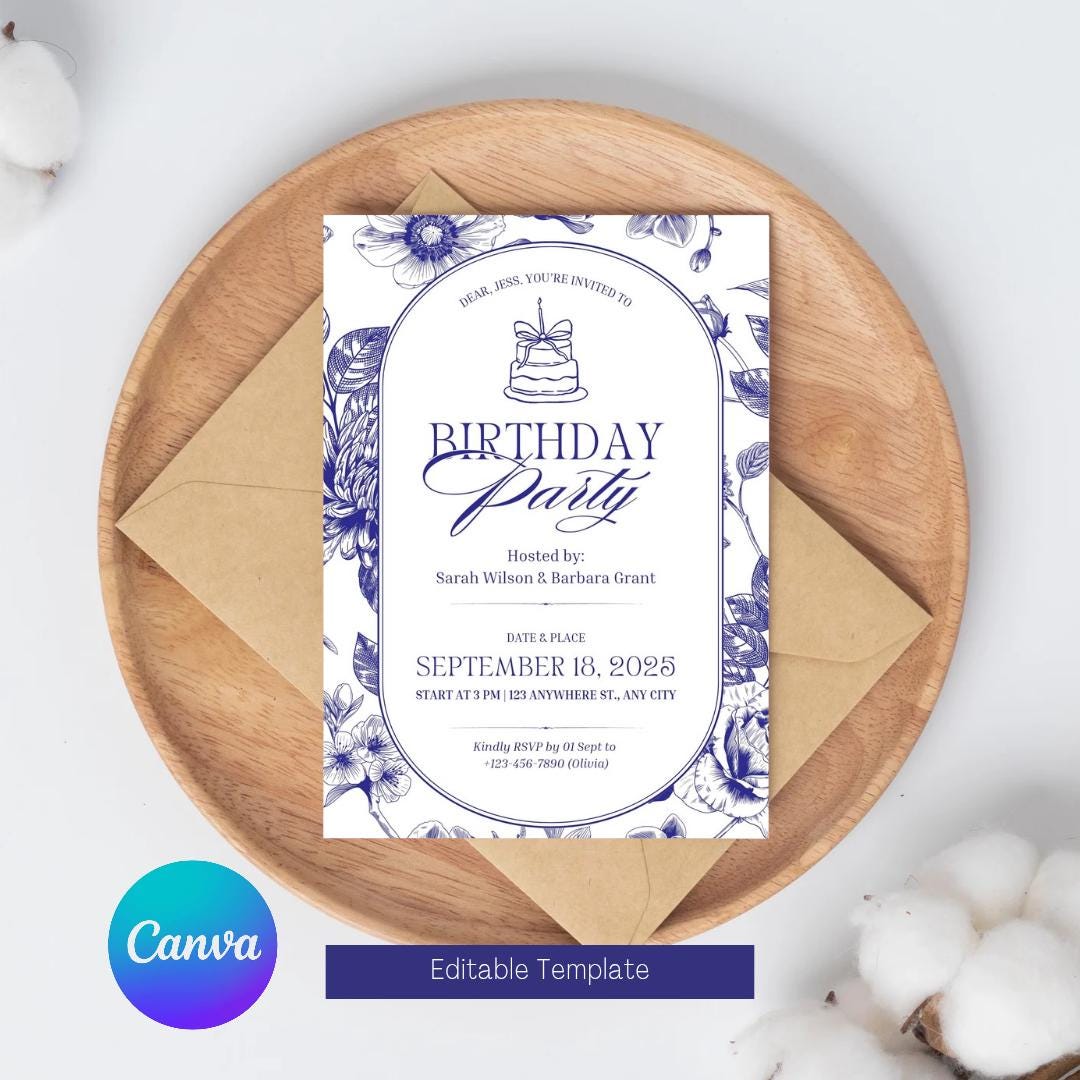 Editable Birthday Invitation Canva Template | Blue Floral Birthday ...