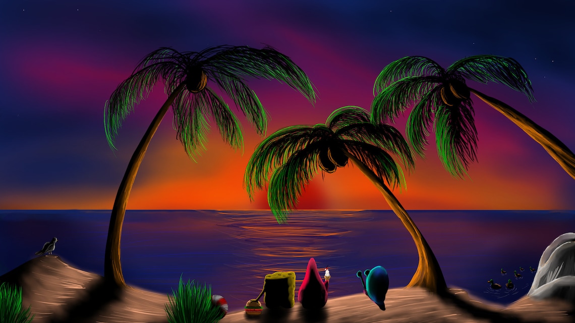 Best Friends at Sunset Spongebob and Patrick Digital Wallpaper - Etsy