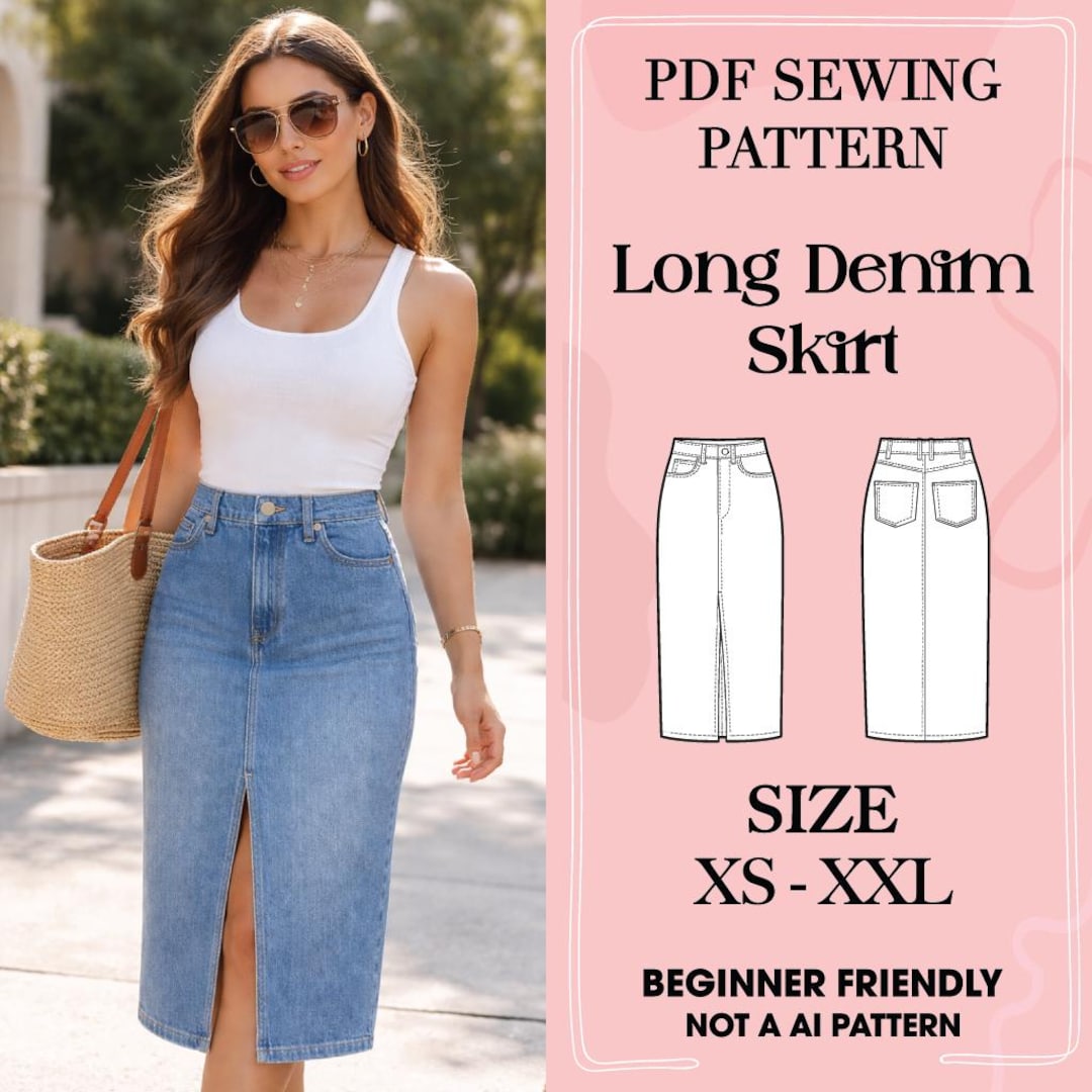 Long Denim Skirt Sewing Pattern, High Waist, Front Slit, Sizes XS-XXL ...