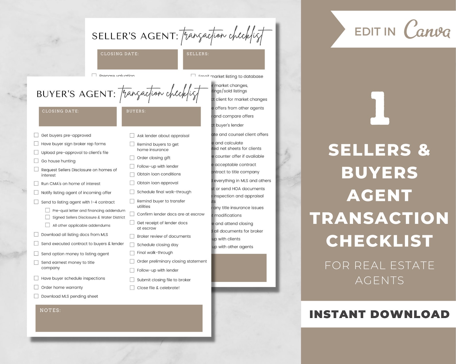 Sellers & Buyers Agent Transaction Checklist Real Estate, Realtor ...