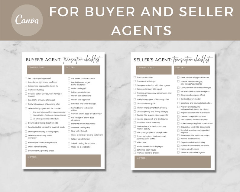 Sellers & Buyers Agent Transaction Checklist Real Estate, Realtor ...