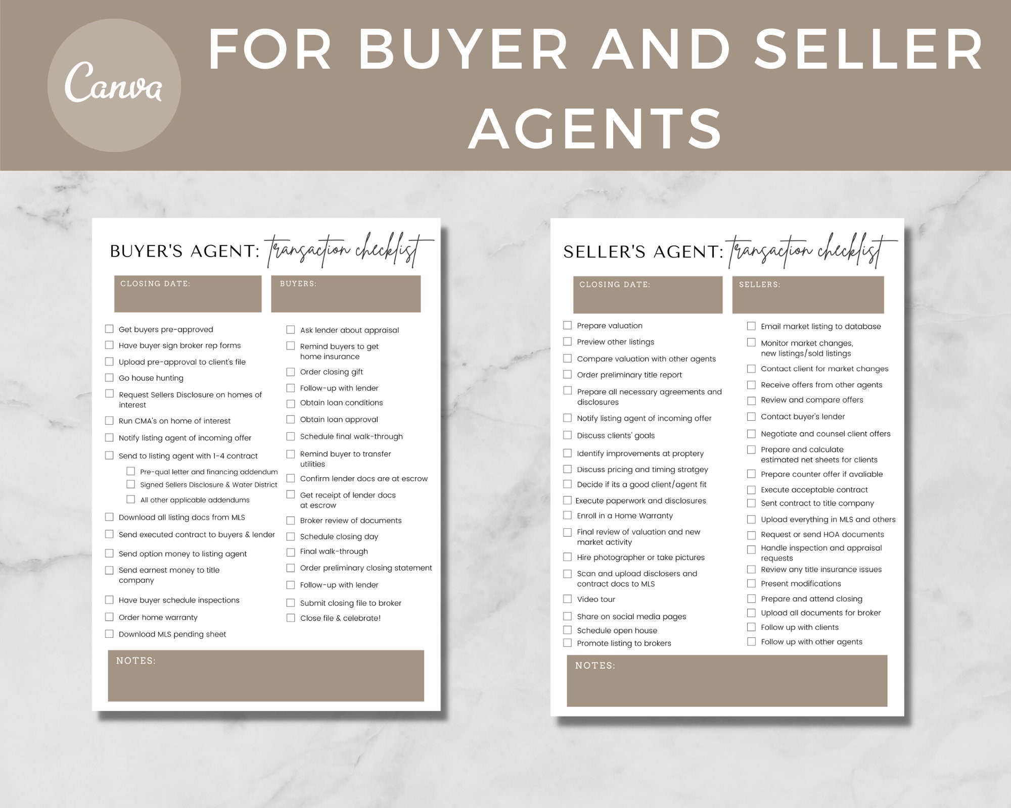 Sellers & Buyers Agent Transaction Checklist Real Estate, Realtor ...