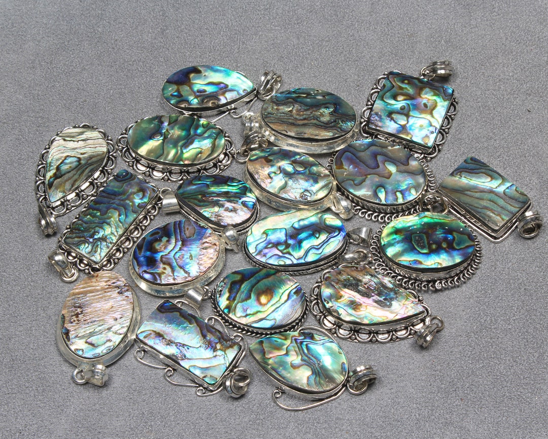 Natural Abalone Shell Crystal Pendants Necklace, Silver Overlay ...