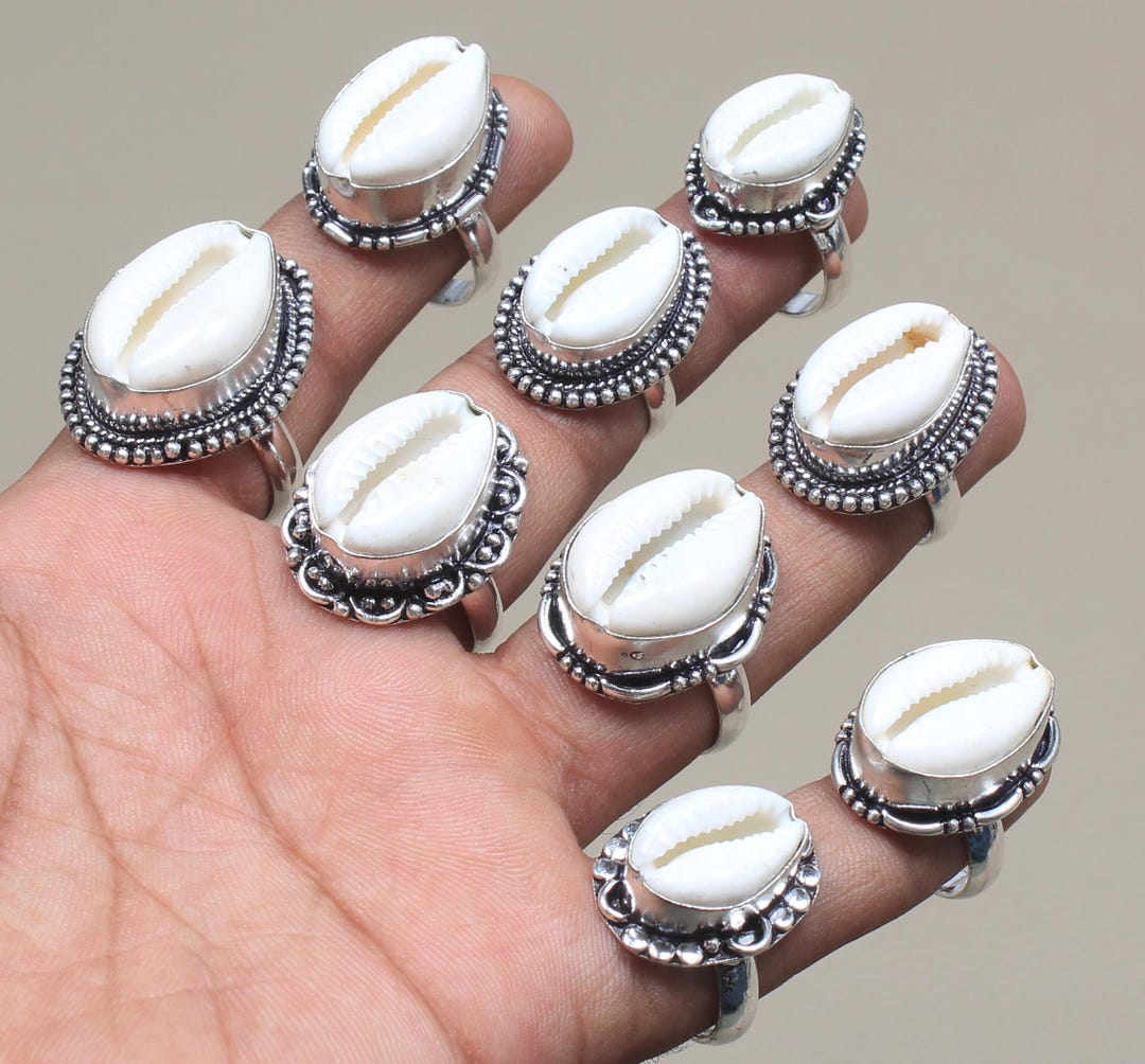 Cowrie Shell Gemstone Rings Silver Plated Girls Gift Statement Handmade ...