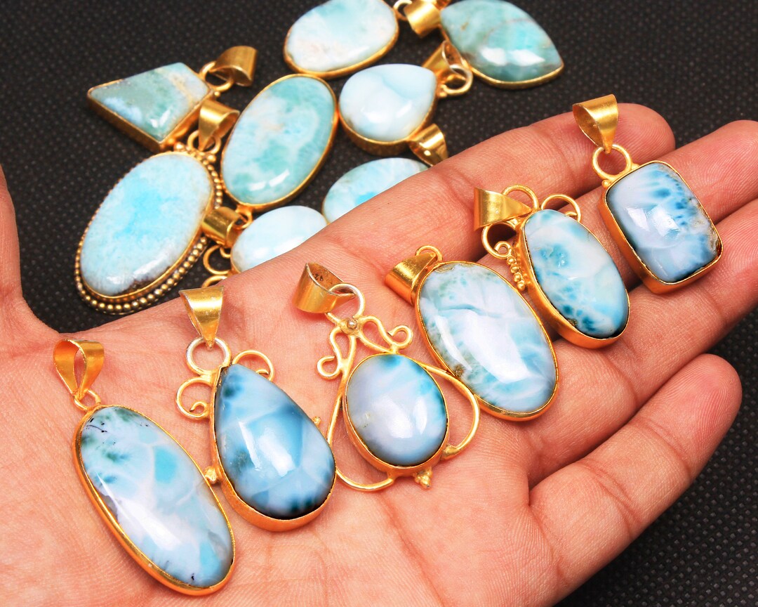 Real Larimar Gold Plated Pendant, Blue Natural Larimar Crystal Pendant ...