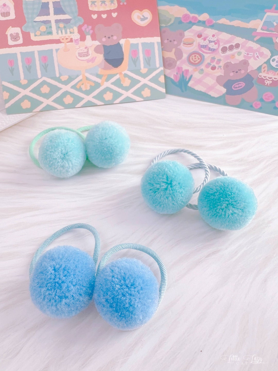 2 Blue Fluffy Soft Yarn Pom Pom Hair Ties for Baby Girl Toddler,prom ...